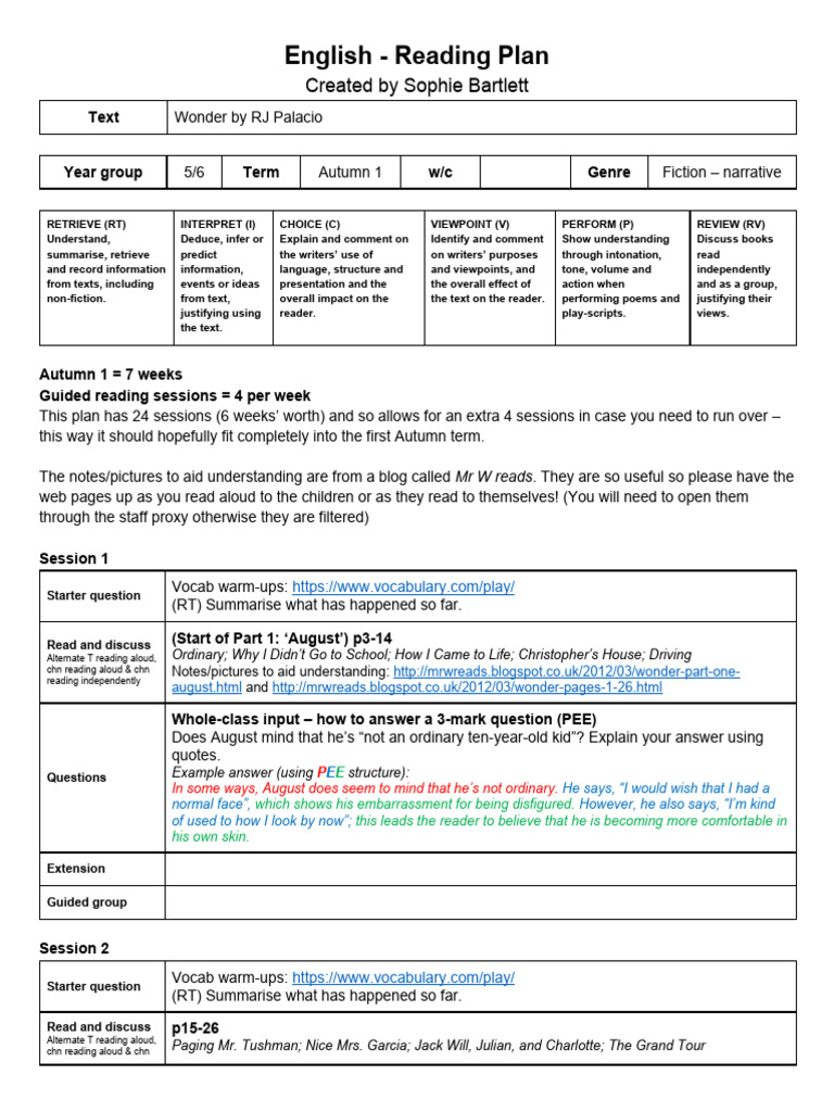 Wonder Reading Plan for Year 5/6 | PDF
