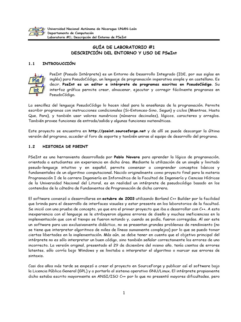 Guialab 1 Descripcionpseint | PDF | Algoritmos | Programa de computadora