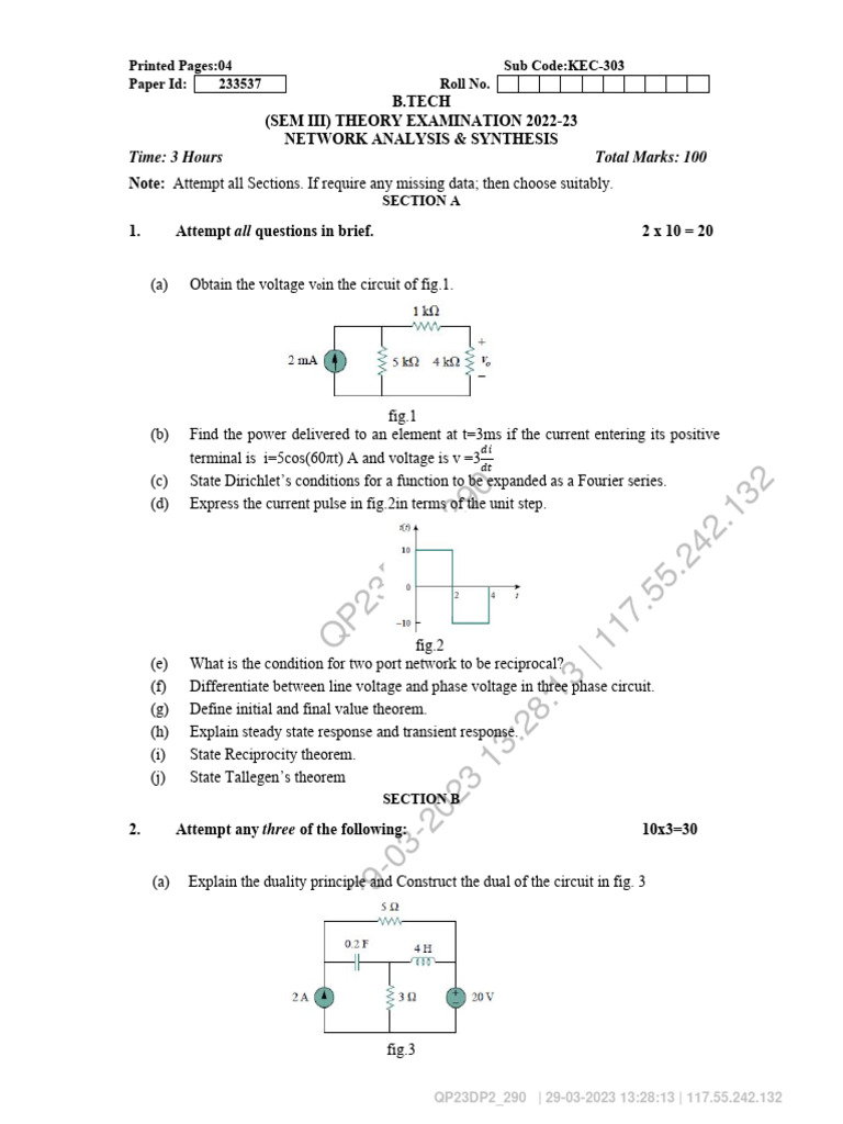 Btech Ec 3 Sem Network Analysis Synthesis Kec 303 2023 | PDF | Filter (Signal Processing) | Damping