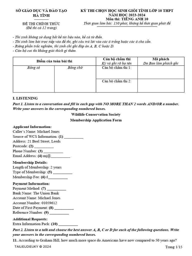De Thi HSG Tieng Anh 10 Cap Tinh Ha Tinh Nam Hoc 2023 2024 Co Dap An | PDF