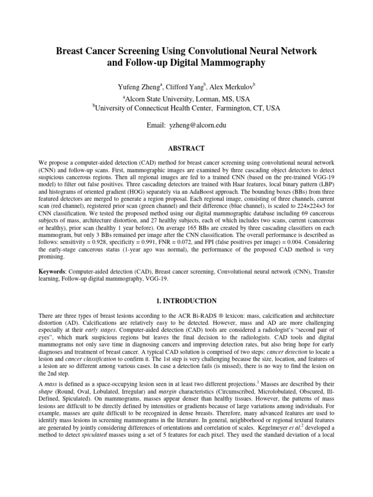 Breast Cancer Screening Using Convolutional Neural Pdf Mammography Computer Vision