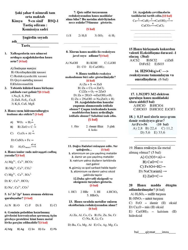 kimya 9 BSQ1 2022 (2) | PDF