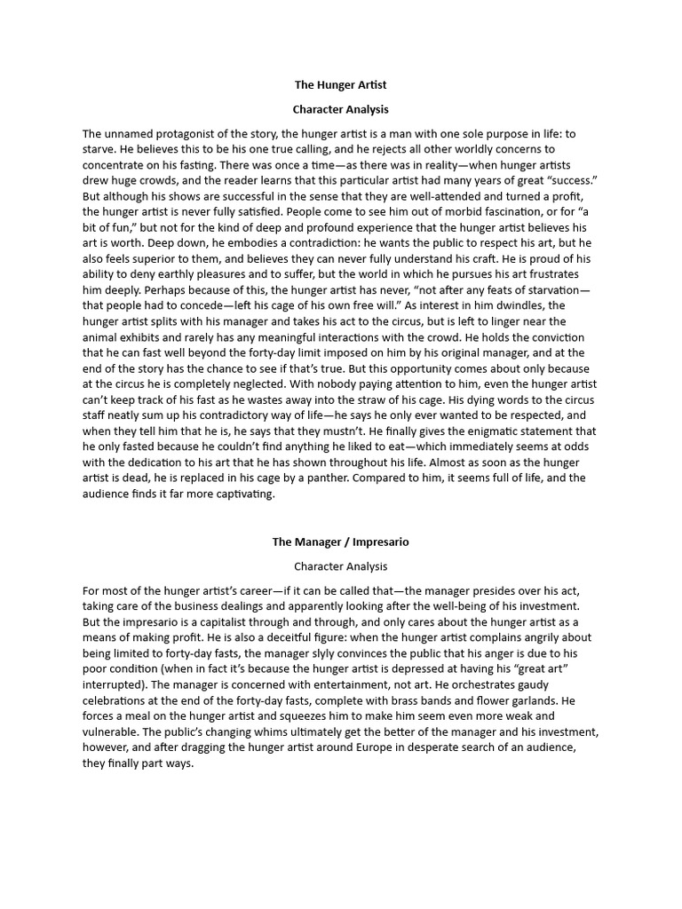 The Hunger Artist - Character Analysis | PDF