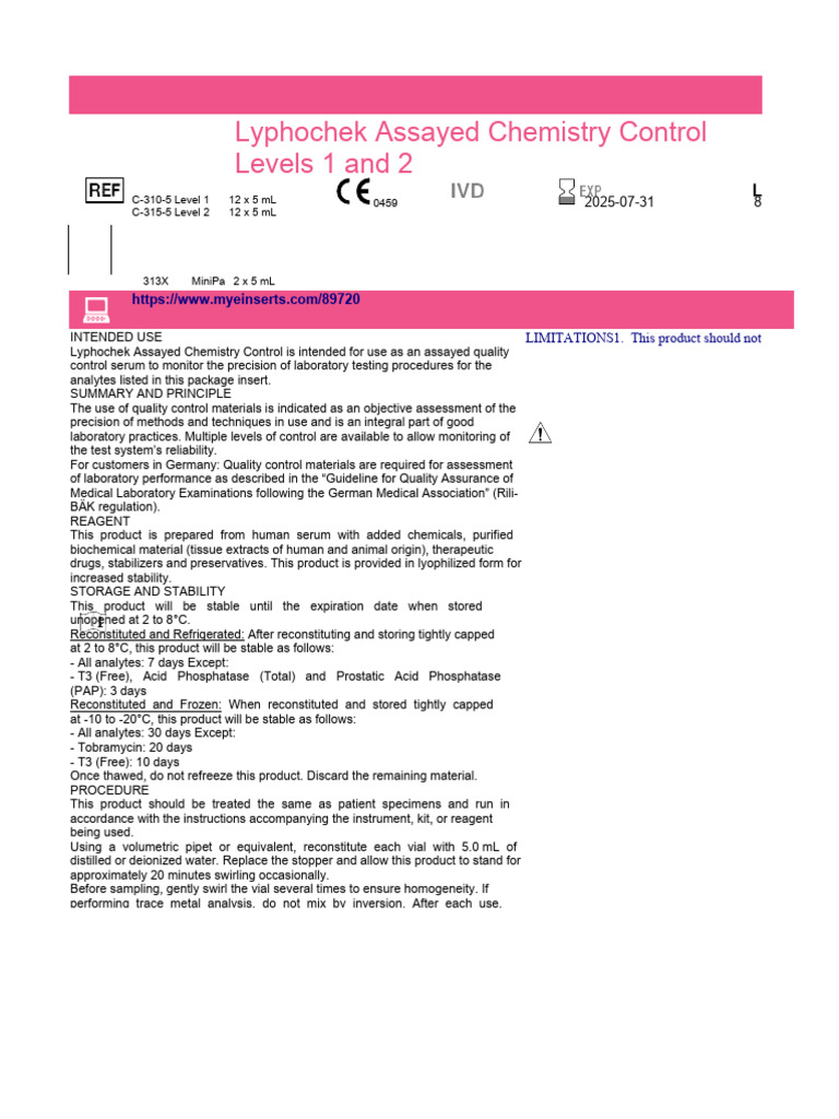 Lyphochek Assayed Chemistry Control Levels 1 and 2: C-310-5 Level 1 C ...