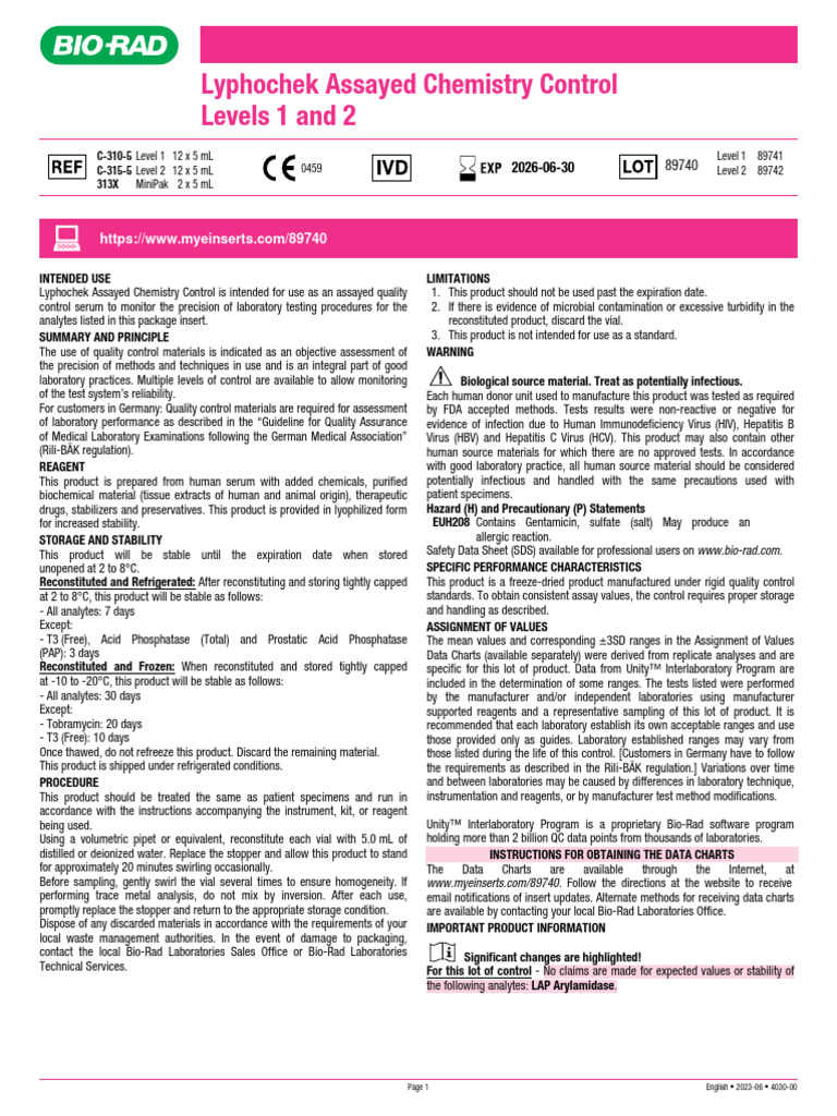 Lyphochek Assayed Chemistry Control Levels 1 and 2 | PDF | Magnesium ...