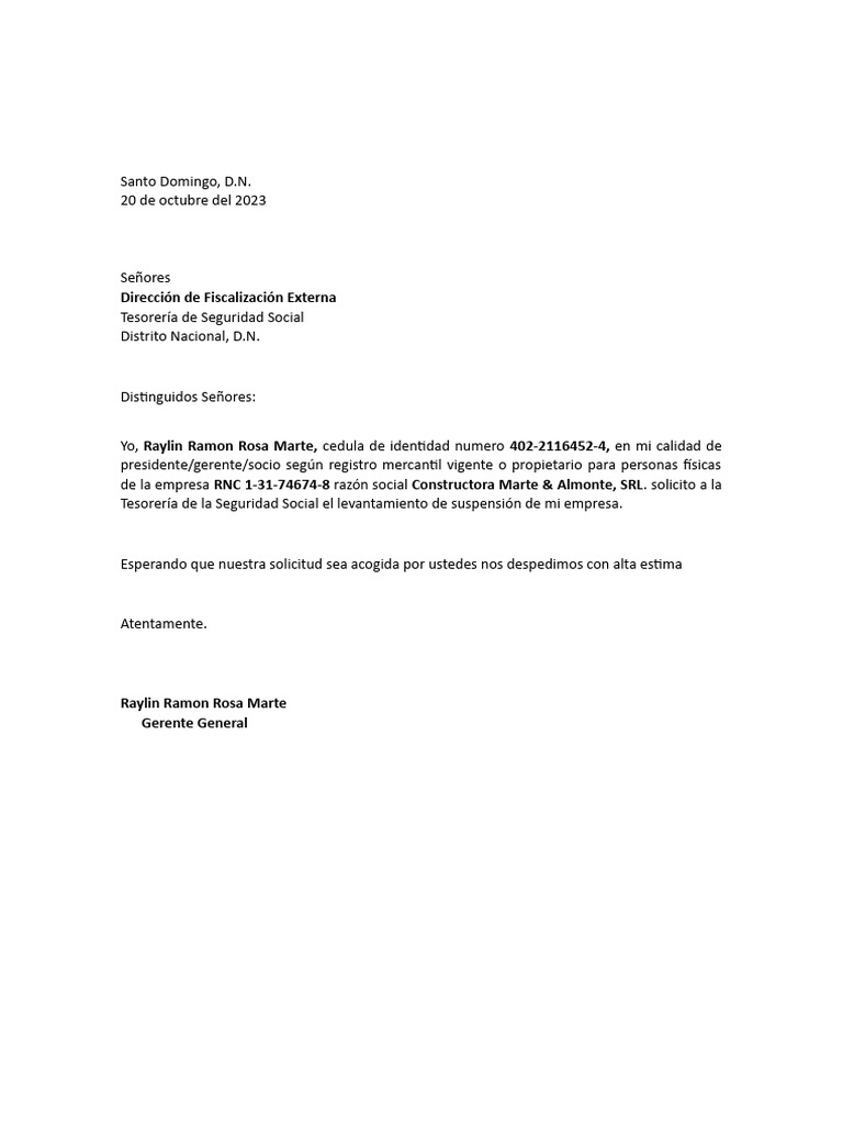 Carta de Solicitud TSS de Desbloqueo Final | PDF