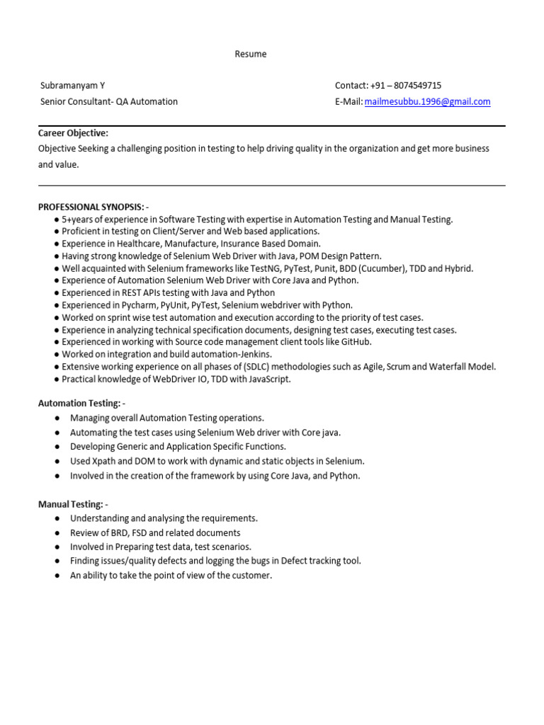 CV-Y Subramanyam-Automation Tester | PDF | Selenium (Software ...