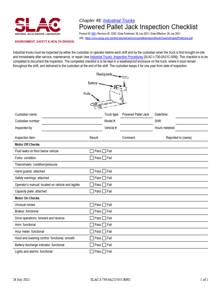 Indtruck Checklist Inspect Pallet Jack | PDF | Truck | Vehicles