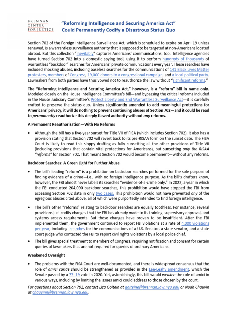 BCJ One-Pager On RISAA 4-9-24 | PDF | Foreign Intelligence Surveillance ...