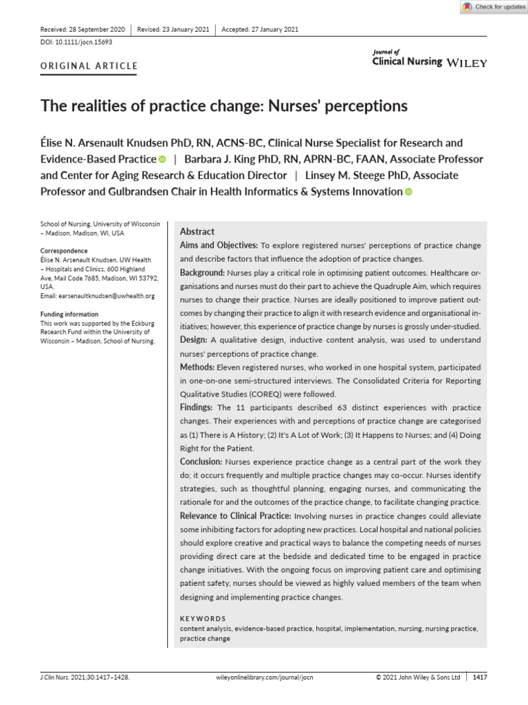 Journal of Clinical Nursing - 2021 - Arsenault Knudsen - The Realities of Practice Change Nurses ...