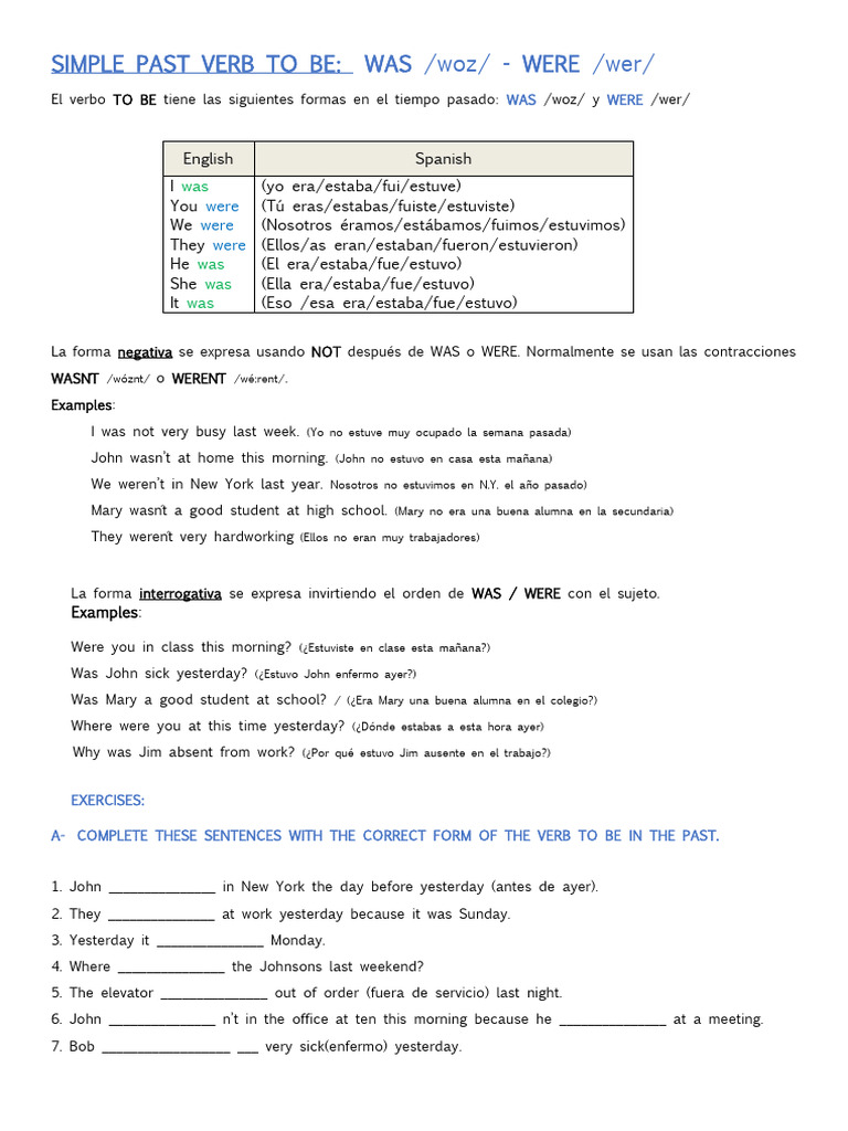 SIMPLE PAST VERB TO BE | PDF | Syntax | Semantics