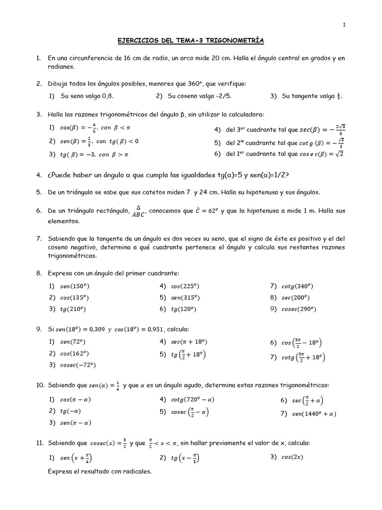 EJERCICIOS DEL TEMA-3 TRIGONOMETRÍA XCC | PDF | Funciones trigonométricas | Trigonometría