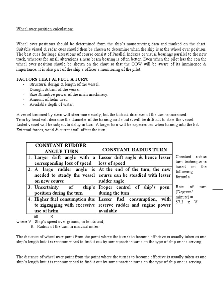 Wheel Over Position Calculation | PDF | Rudder | Ships