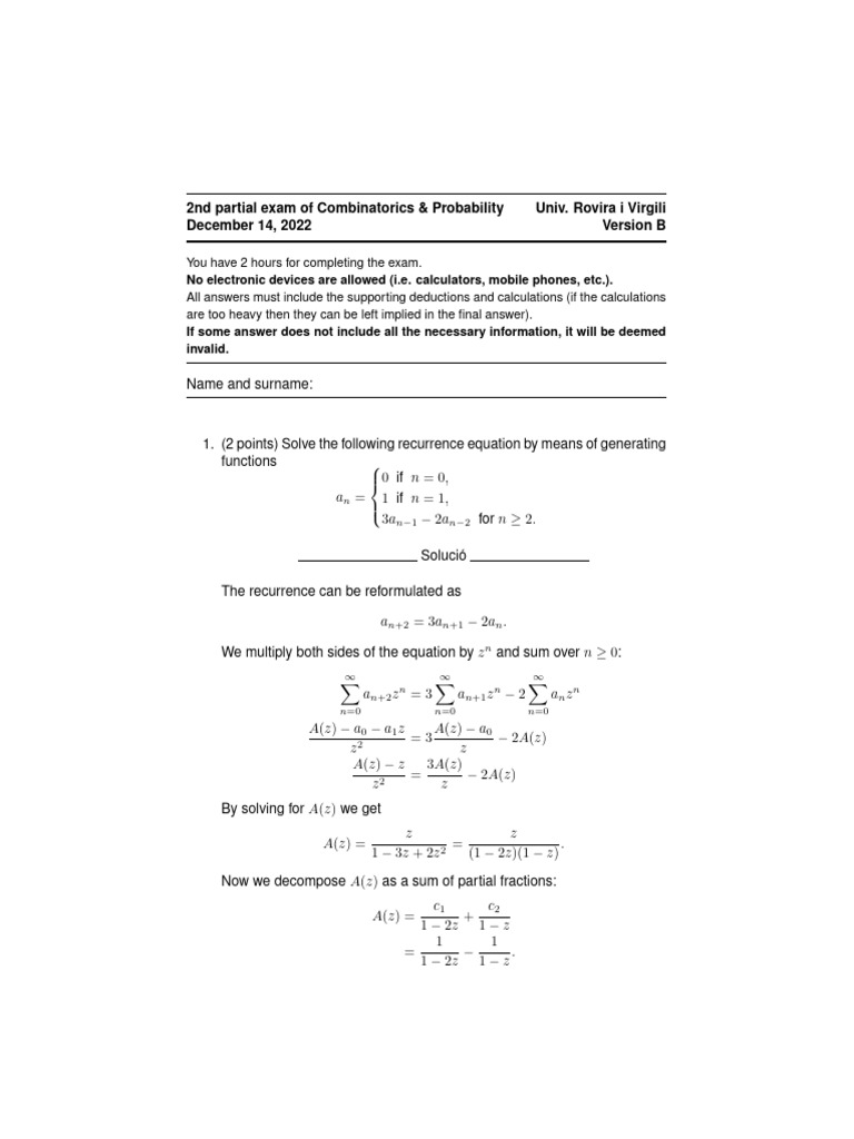 Combinatorics & Probability Exam Solutions | PDF | Element (Mathematics ...