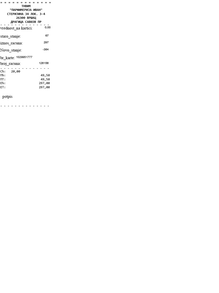 Vrednost - Na Kartici: Staro - Stanje: Iznos - Racuna: Novo - Stanje ...