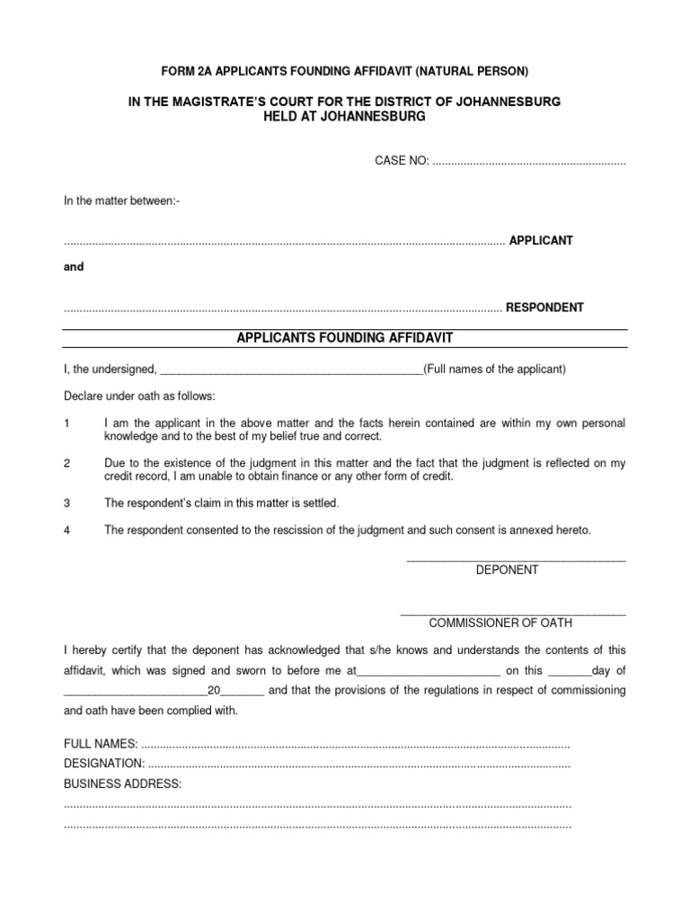 Form2A Applicants Founding Affidavit | PDF | Affidavit | Civil Law (Common Law)