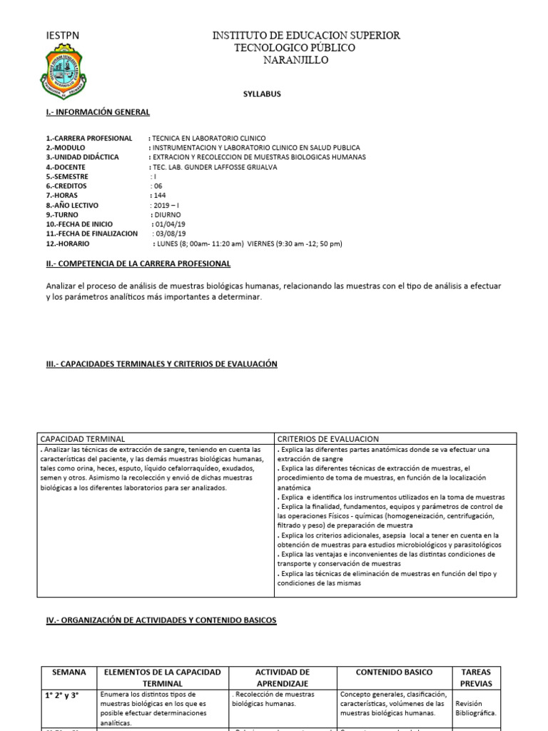 Sillabus de Muestras Biologicas 2019 | PDF | Sangre | Medicina CLINICA