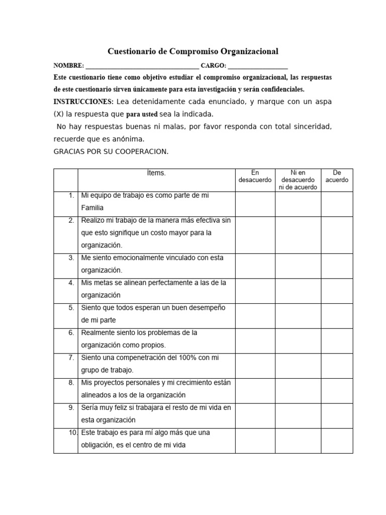 Cuestionario de Compromiso Organizacional | PDF