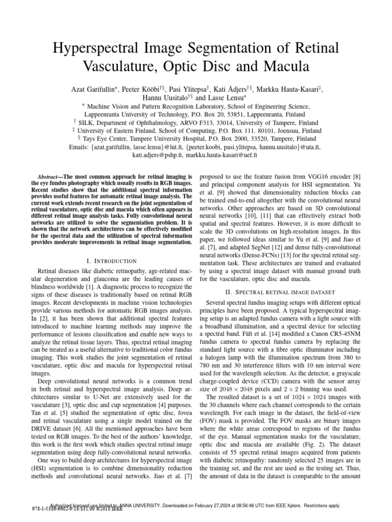 Hyperspectral Image Segmentation Of Retinal Vasculature Optic Disc And Macula Pdf Retina