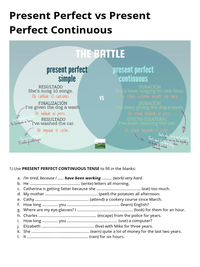Present Perfect vs Continuous Exercises | PDF | Cooking, Food & Wine