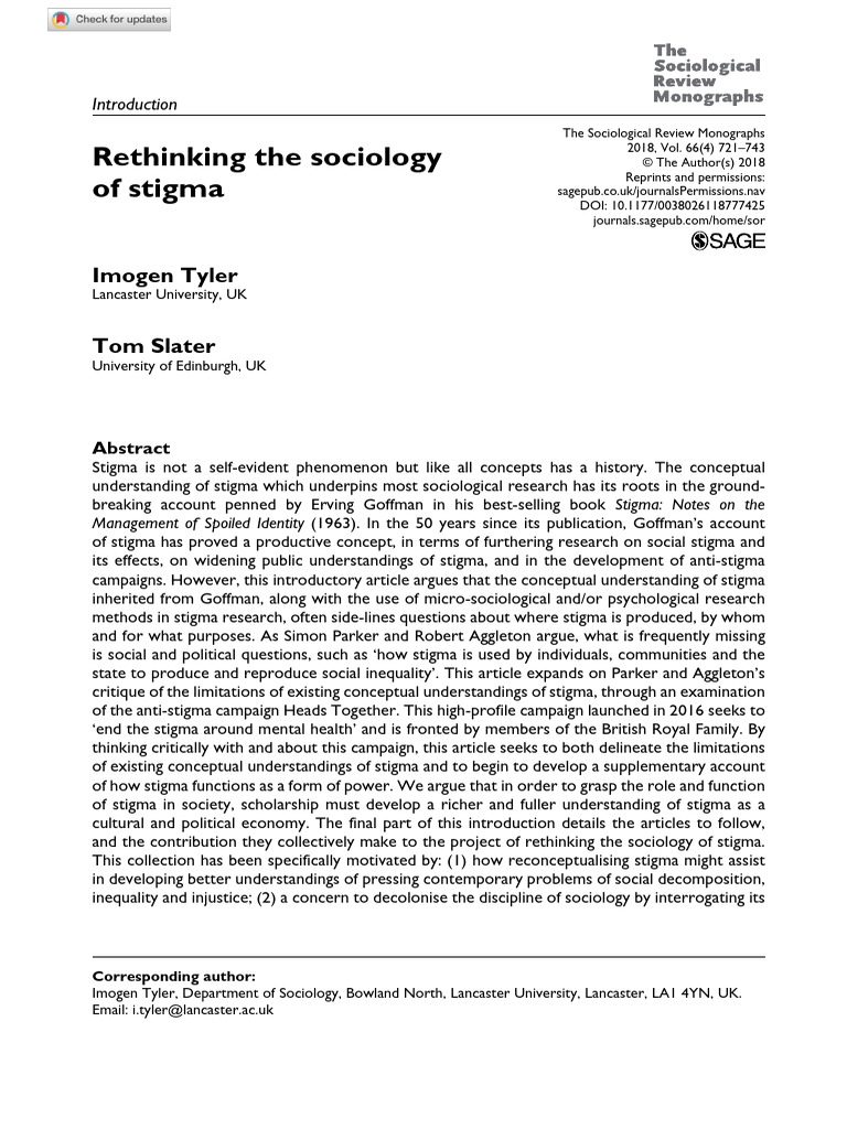 Rethinking The Sociology of Stigma - Tyler - Slater | PDF | Social ...