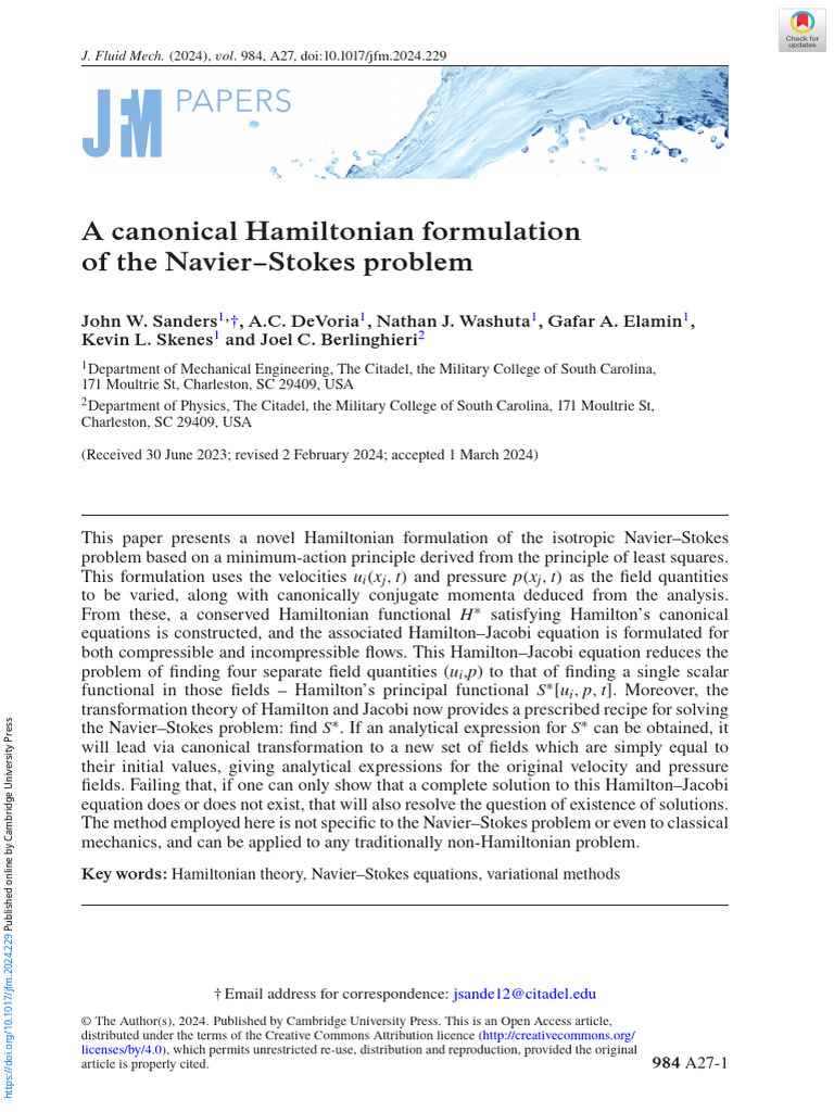 A Canonical Hamiltonian Formulation Of The Navier Stokes Problem Pdf