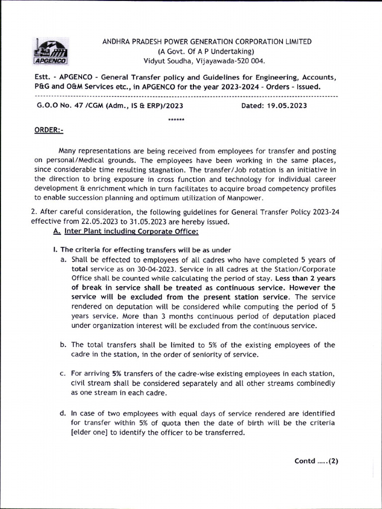 General Transfe Policy Guide Lines APGENCO | PDF