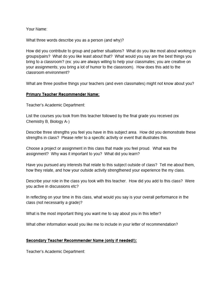 Teacher Recommendation Brag Sheet | PDF | Teachers | Classroom