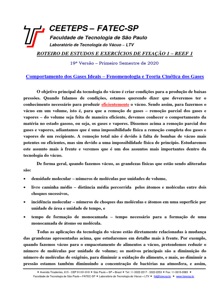REEF 1 - Gases Ideais - Versão 19º - 1º Sem. 2020 | PDF | Gases ...