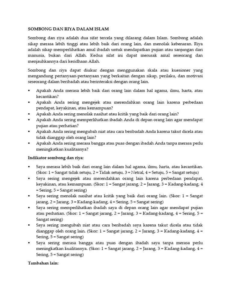 Sombong Dan Riya (Indikator Abnormal) | PDF | Pengembangan Diri