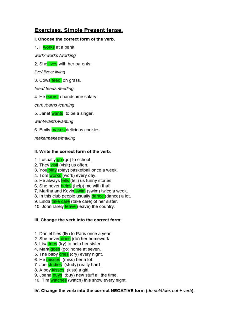 Exercises. Simple Present Tense. | PDF