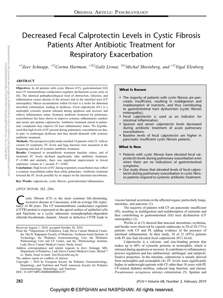 Decreased Fecal Calprotectin Levels in Cystic Fibrosis Patients After ...
