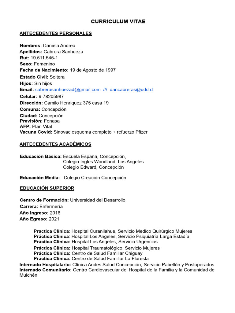 Cv. Daniela Cabrera Sanhueza | PDF | Hospital | Medicina