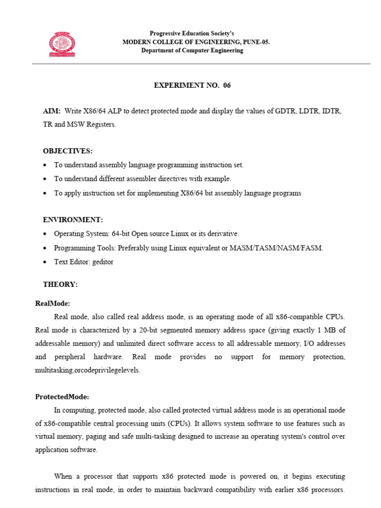 MPL - Assignment No 6-Protected mode-LDTR GDTR IDTR | PDF | Operating System Technology | Office ...