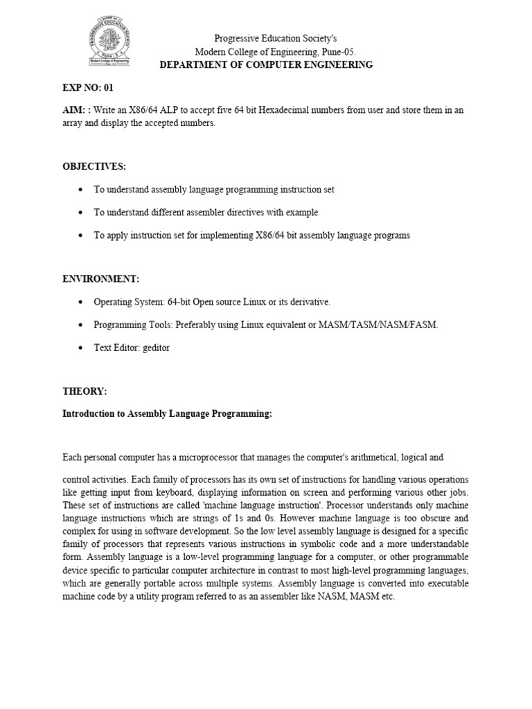 X86/64 Assembly Program for Hex Input | PDF | Assembly Language | Computer Programming