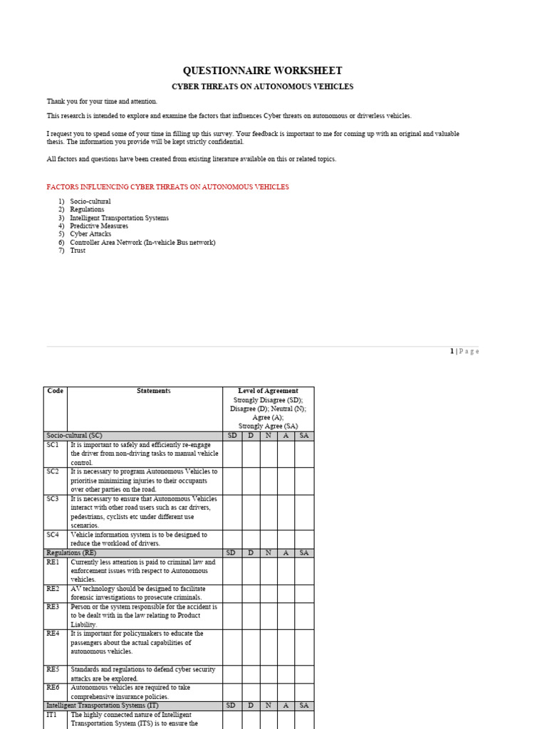 Questionnaire Worksheet | Download Free PDF | Traffic | Transport