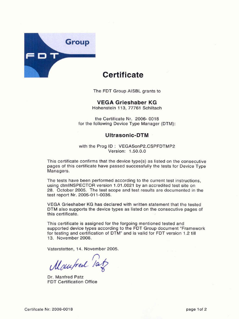 FDT Certificate VEGASON 60 Profibus | PDF