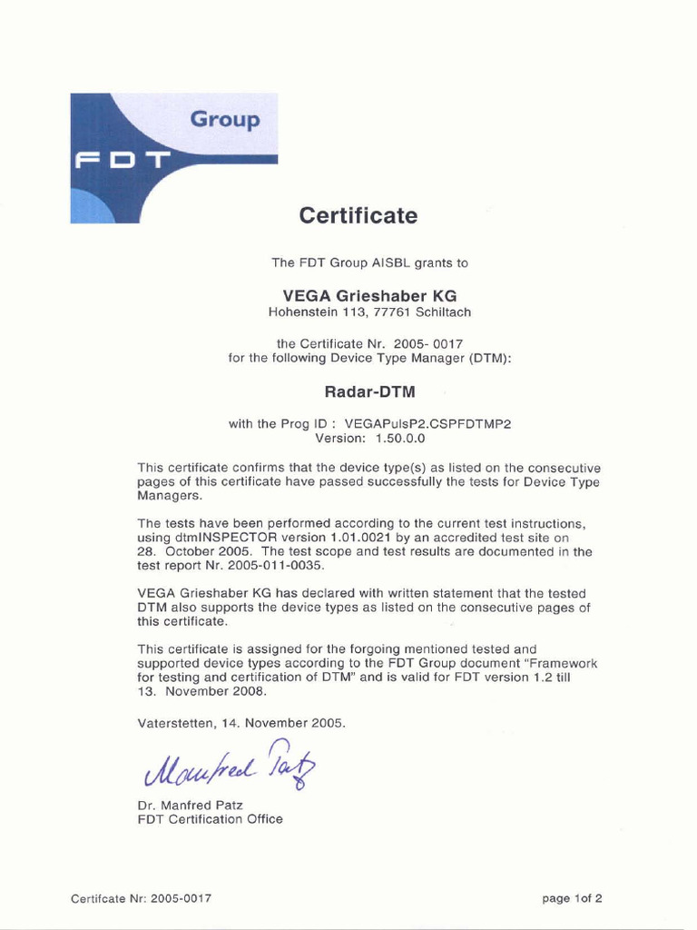 Fdt Certificate VEGAPULS 60 Profibus | PDF