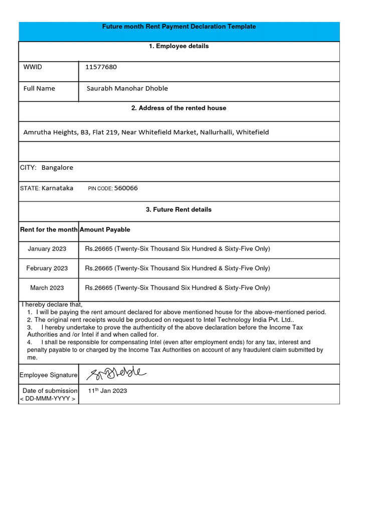 Intel Hra Future Month Rent Declaration Template Ind 11577680 | PDF