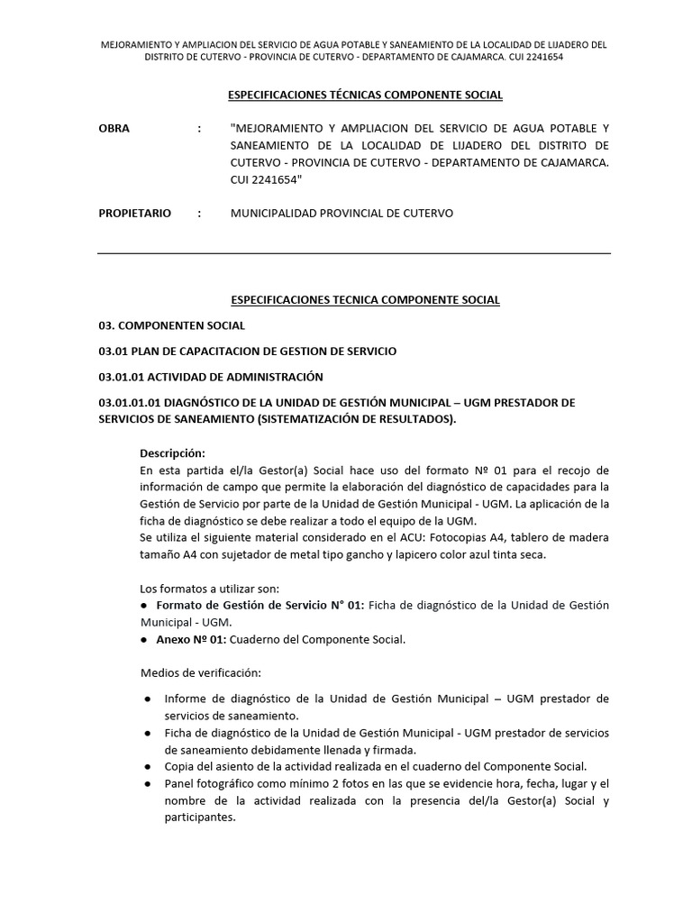 ESPECIFICACIONES TÉCNICAS COMPONENTE SOCIAL-13 | PDF | Presupuesto | Saneamiento