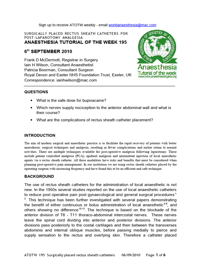 Surgically Placed Rectus Sheath Catheters For Post-Laparotomy Analgesia ...