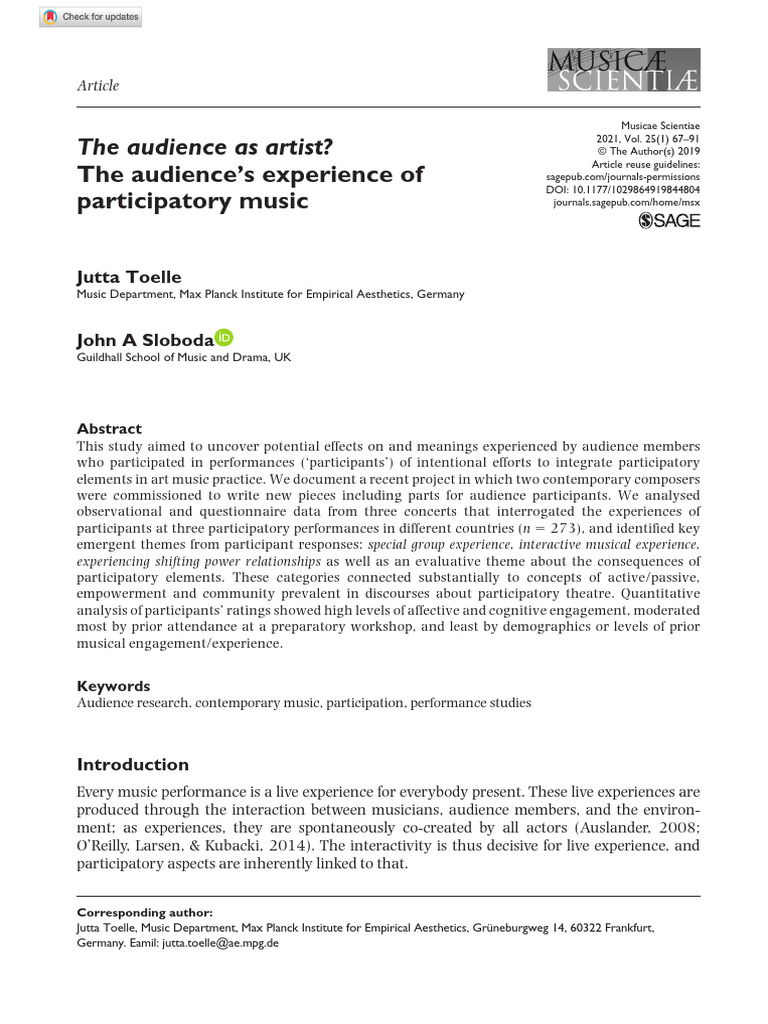Toelle Sloboda 2019 The Audience As Artist The Audience S Experience of ...