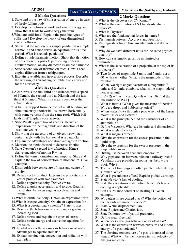 Physics (1st Inter) | PDF | Gases | Force