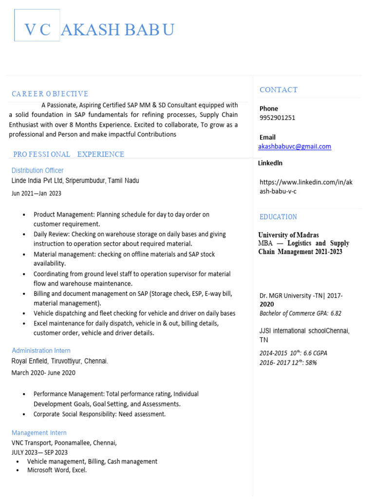 Akash Babu CV | PDF | Logistics | Tamil Nadu