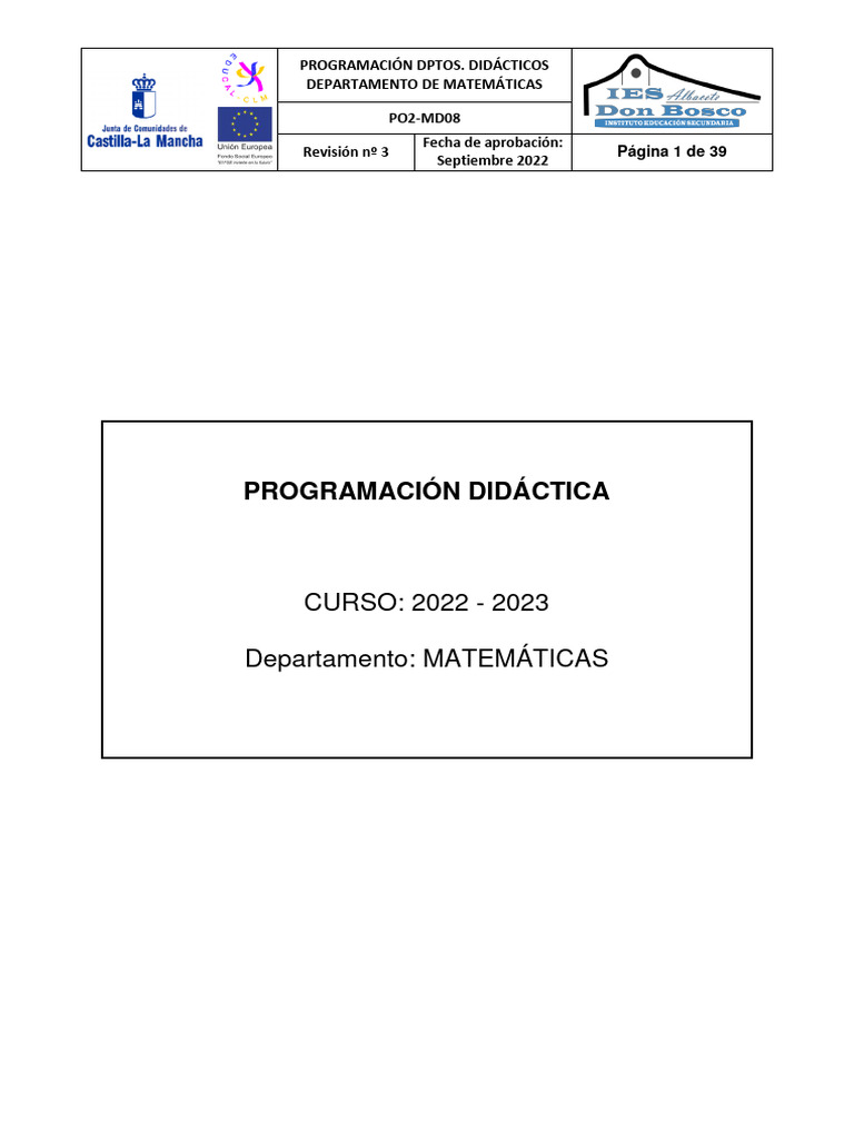 00 Programaci - in Del Departamento de Matem - Eticas. Curso 22-23 | PDF | Aprendizaje ...