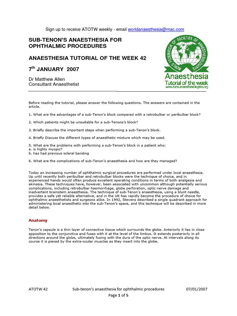 SUB-TENON’S ANAESTHESIA FOR OPHTHALMIC PROCEDURES | PDF | Anesthesia ...