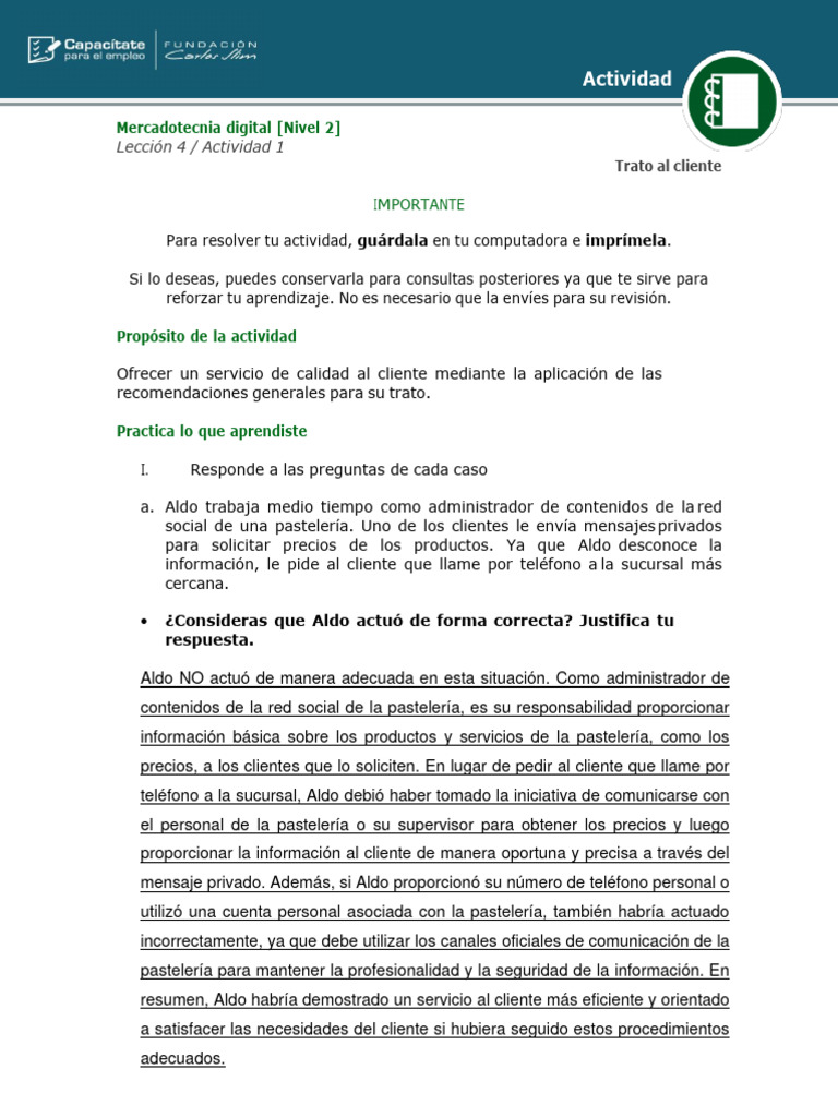 (Nivel 2) Lección 4 - Actividad 1 - Trato Al Cliente | PDF | Calidad ...