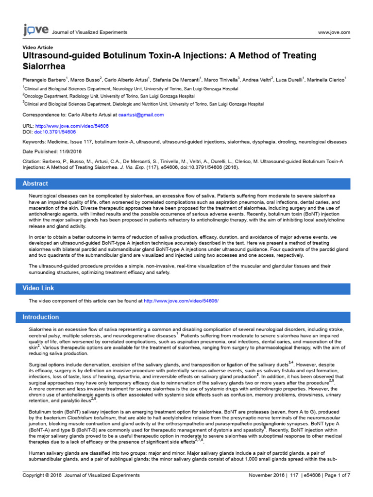 Ultrasound-Guided Botulinum Toxin-A Injections Sialorrhea - BARBERO 2016 | PDF | Botulinum Toxin ...