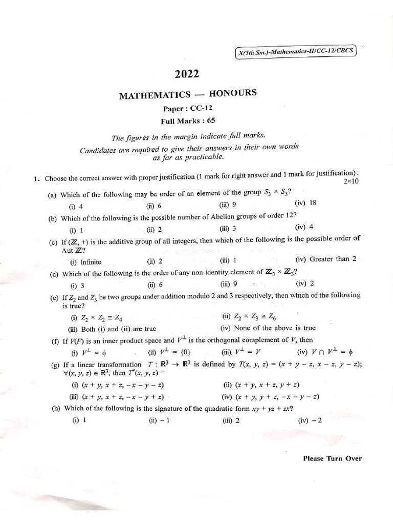 RMCCU-2022 B.Sc. (Honours) Mathematics Semester-5 Paper-CC-12 QP | PDF