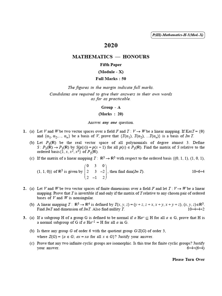 RMCCU-2020 B.Sc. (Honours) Mathematics Part-III Paper-V (Module-X) QP | Download Free PDF ...